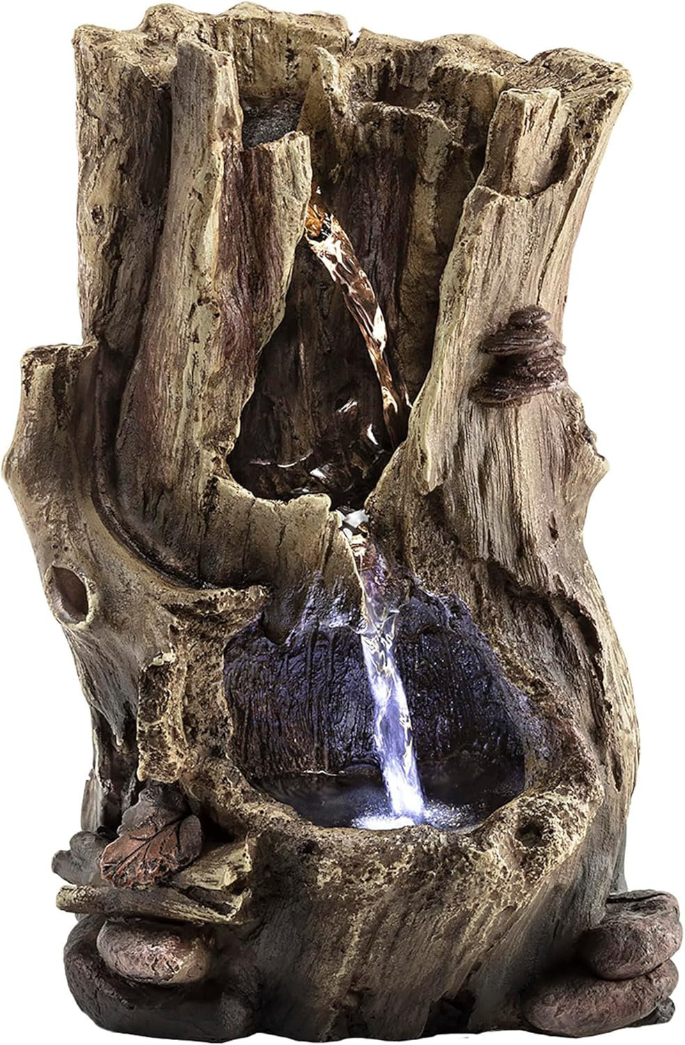 Union Rustic Indoor Tabletop Light-Up Tiered Rainforest Tree Trunk Water Fountain with LED ...